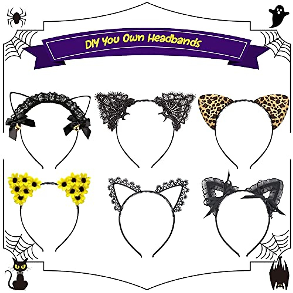 Black Cat Ear Headbands for Girls, Women, and Kids - Plastic Kitty Ears for Parties, Costumes, Daily Wear, and Decorations - 10Pcs Non-Slip Headbands