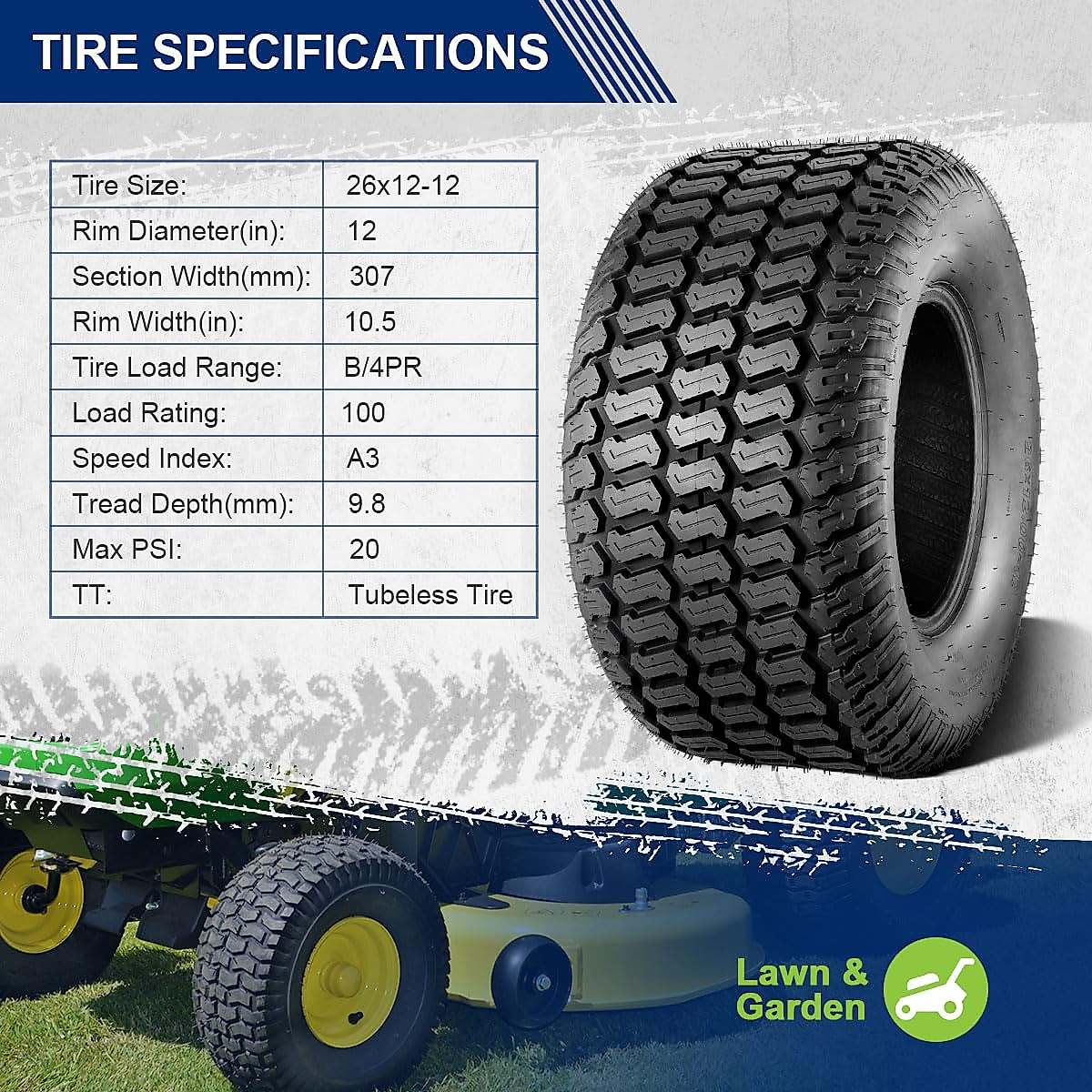 MaxAuto 26x12-12 26x12x12 Turf Tires for Lawn & Garden Mower,4 Ply Tubeless, Set of 2