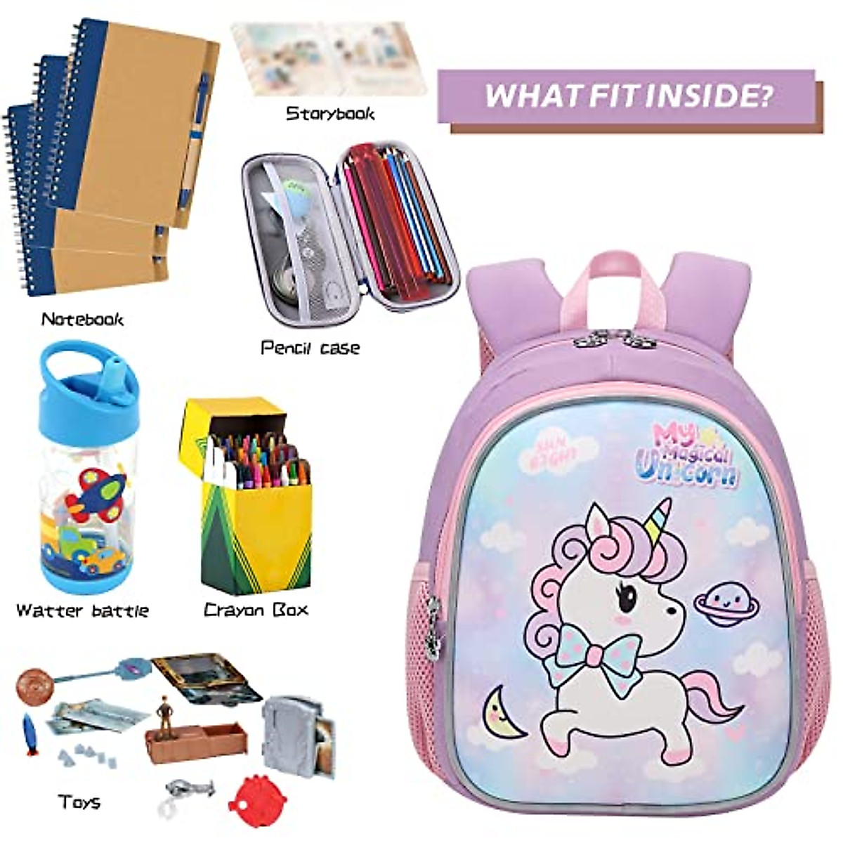 Tanou Toddler Backpack for Girls, 11 Inch Kids Backpacks for Preschool Kindergarten, Cute Cartoon Animal Style School Bag for Little Kids Aged 1-3 Years, Purple Unicorn