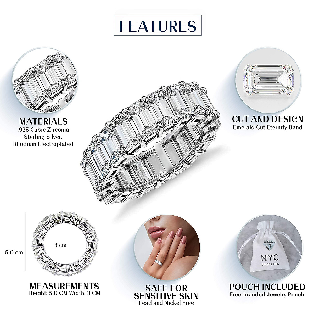 Sterling Silver Emerald Cut Eternity Band Cz Ring - Beautifully Crafted Eternity Ring with Emerald Cut Cz Stones (8)