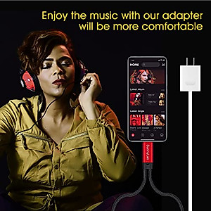 USB C to 3.5mm Headphone and Charger Adapter, 2-in-1 USB C to AUX Mic Jack with USB C PD 60W Fast Charging for Stereo, Earphones, Compatible with Galaxy S22/S21, Pixel 2/3/4 XL(Red)
