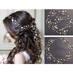 Chargances 27inch Wedding Bridal Crystal Hair Vine Handmade Pearl Headband for Brides Women and Girls Special Occasion Homecoming Boho Ivory Jewelry (Gold)