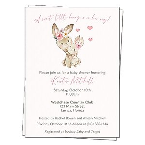 Bunny Baby Shower Invitations Watercolor Water Color Bunnies Mommy and Me Sprinkle Personalized Gender Neutral Ivory Printed Customized Personalized Invites (12 Count)