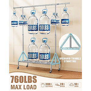 100% Stainless Steel Clothing Rack Load 760LBS, Ultra-Stable Heavy Duty Clothes Rack W/ Reinforced Rubber Ring, Extendable Adjustable Rolling Garment Racks W/ Sturdy Wheel for Portable Hanging Clothes