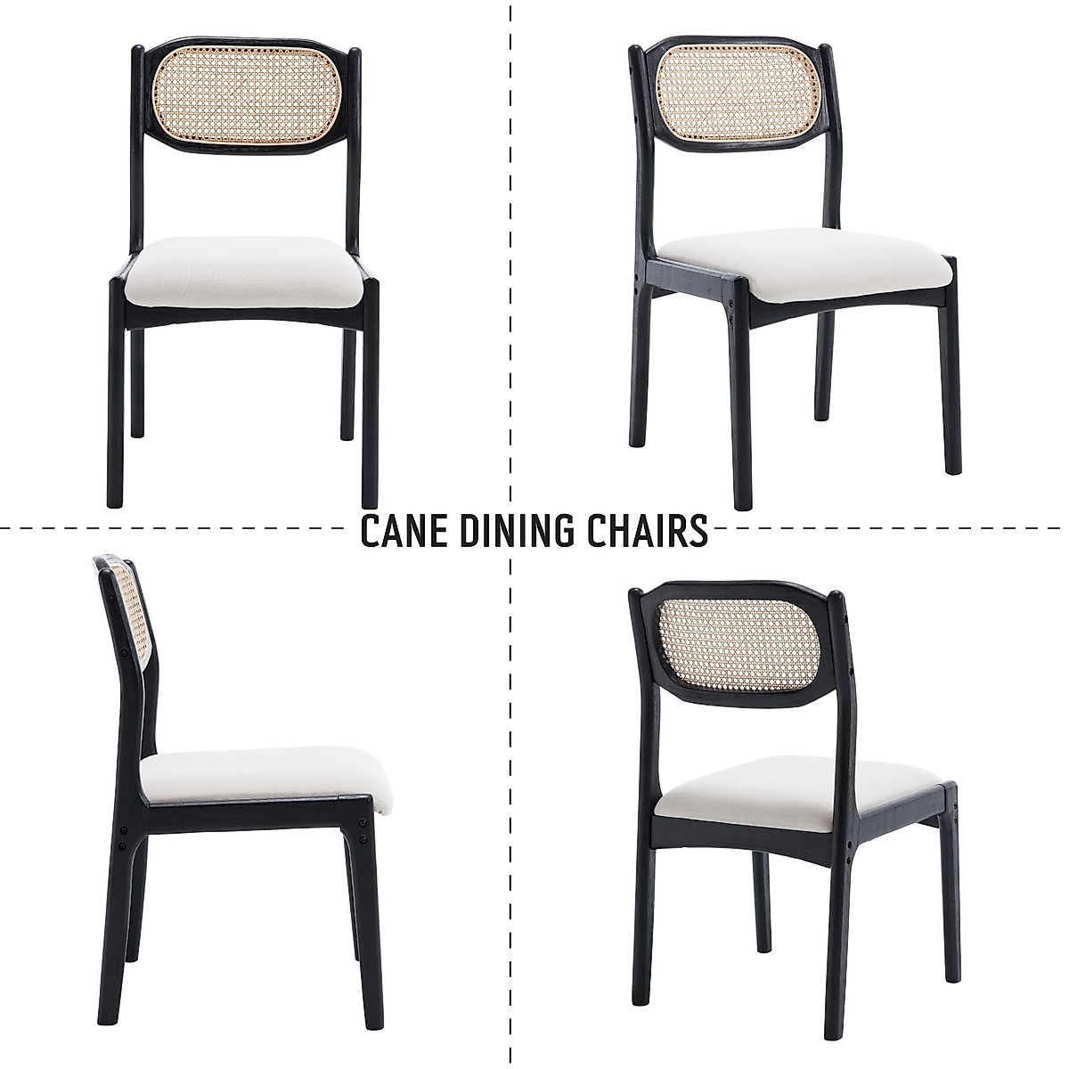 Shunzhi Modern Dining Chairs Set of 2 with Rattan Back and Black Wood Legs, Mid Century Cane Dining Room Chairs Farmhouse Upholstered Kitchen Chairs for Dining Room/Restaurants, White Linen