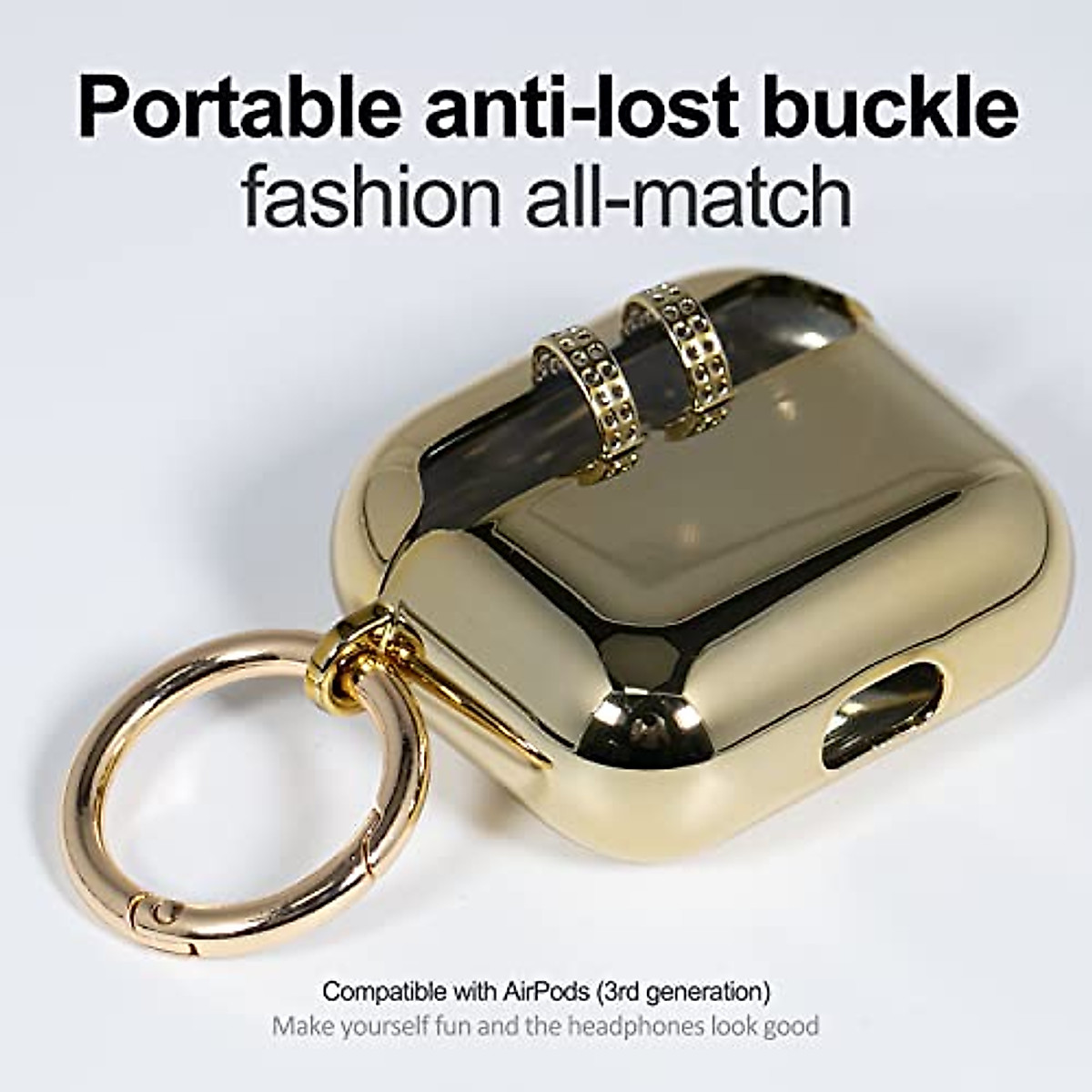 AirPods 3 Case Cover, Shiny Plated TPU Protective Accessories with Keychain Compatible with Apple AirPod 3rd Generation 2021 for Women Men Girls Boys,One-Piece [Front LED Visible]- Gold