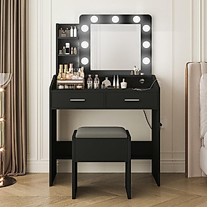 GarveeHome Vanity Desk with Mirror and Lights, Makeup Vanity Desk with Charging Station and Cushioned Stool, Dressing Table with 2 Drawers & 3 Lighting Modes Adjustable Brightness for Bedroom, Black