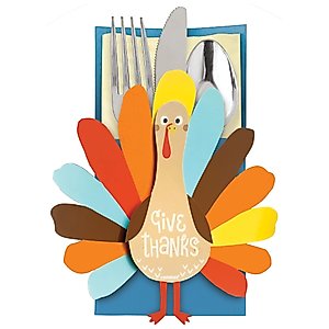 Happy Turkey Day Multicolor Paper Cutlery Holder Multi-Pack - 7.5" x 3.75" (Pack of 12) - Ideal for Thanksgiving Dinner & Festive Table Decor