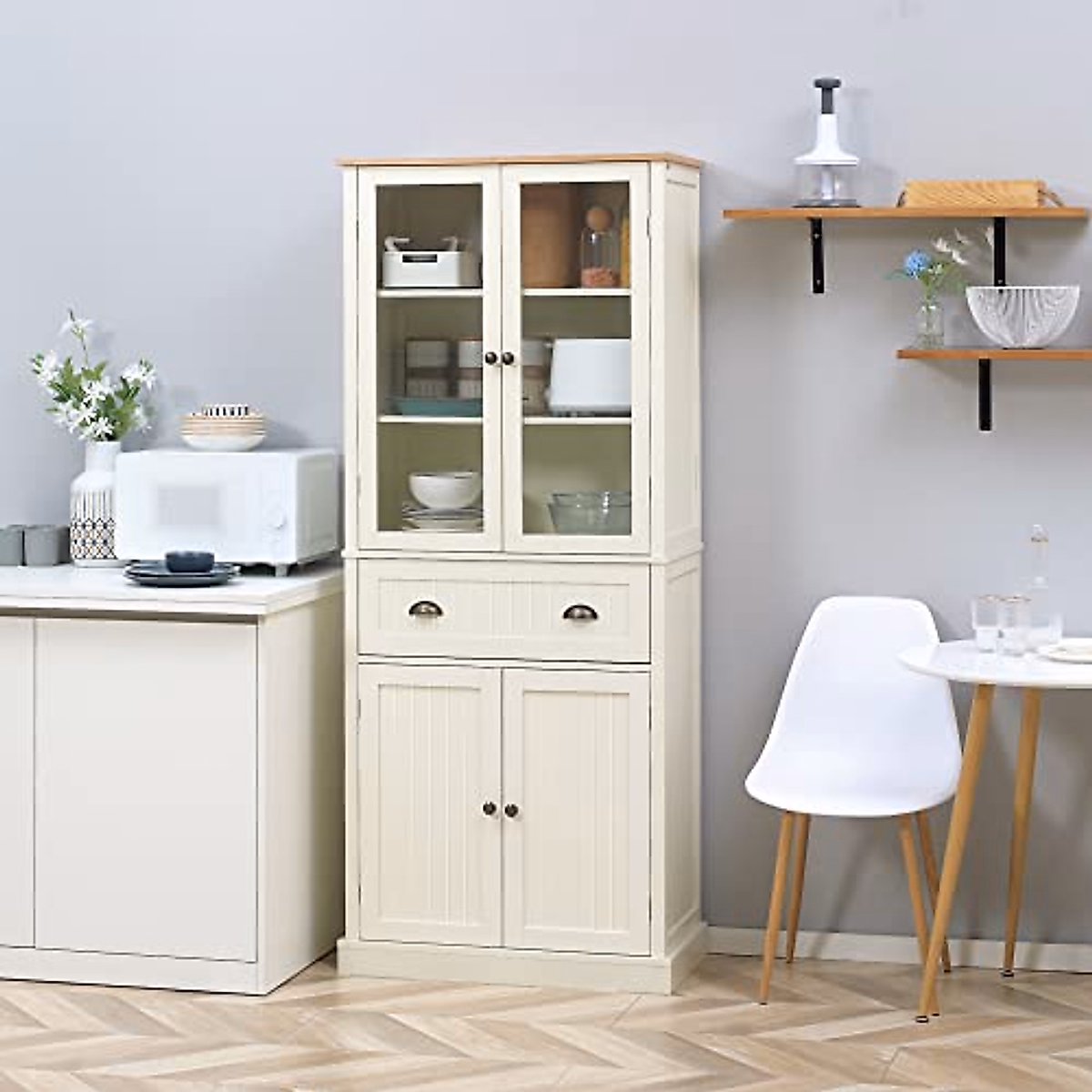 HOMCOM Freestanding Kitchen Pantry, 5-Tier Storage Cabinet with Adjustable Shelves and Drawer for Living Room, Dining Room, Cream White