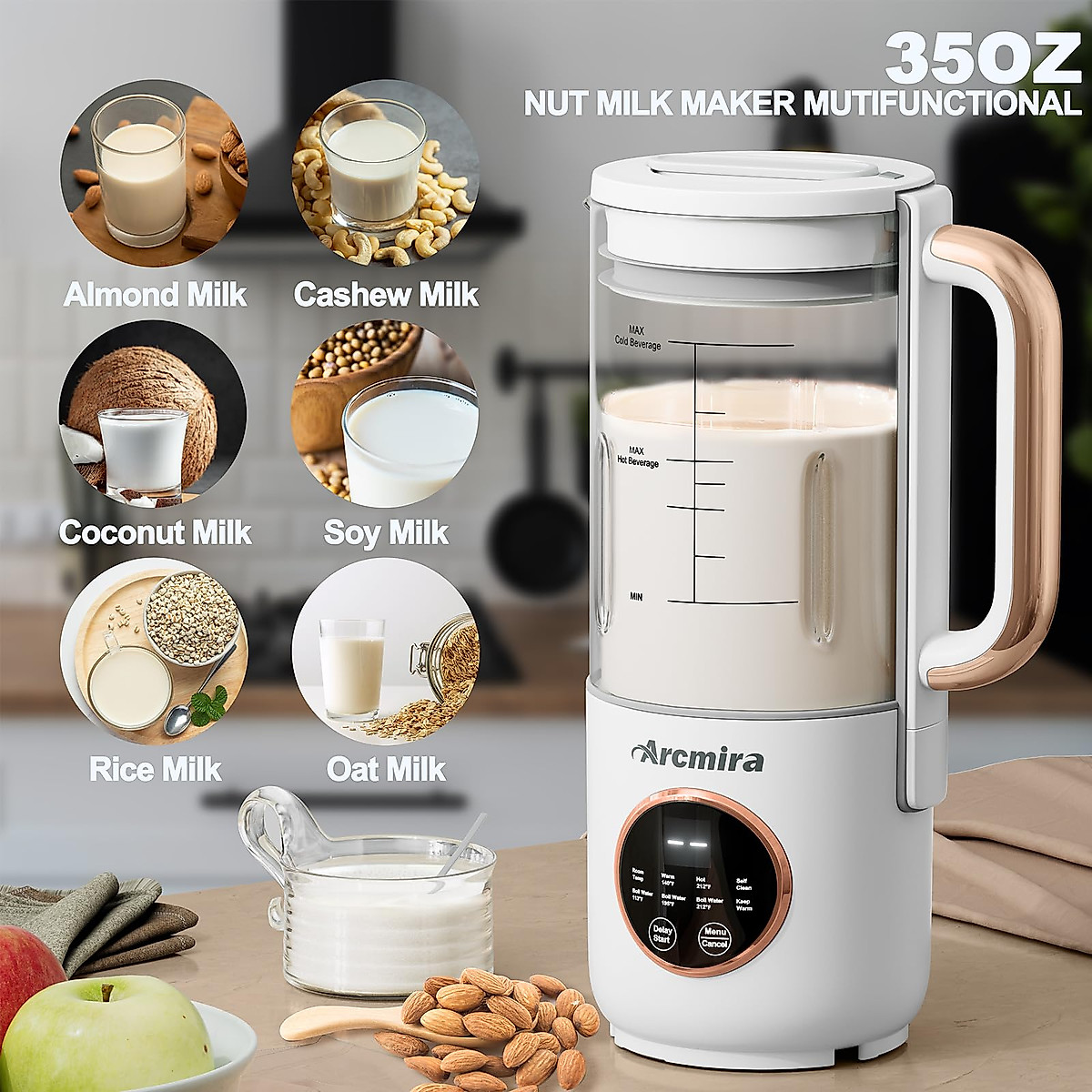 Automatic Nut Milk Maker, 35 oz(1000ml) Homemade Almond, Oat, Soy, Plant-Based Milk and Dairy Free Beverages, Almond Milk Maker with Delay Start/Keep Warm/Boil Water, Soy Milk Maker with Nut Milk Bag