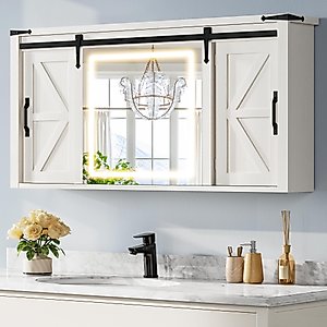 DWVO Medicine Cabinet Mirror, Bathroom Wall Cabinet w/Lights and Sliding Barn Door, Lighted Medicine Cabinet Storage Cabinet for Bathroom with Adjustable Shelf, 3-Color Memory Mode LED, 47" White Oak