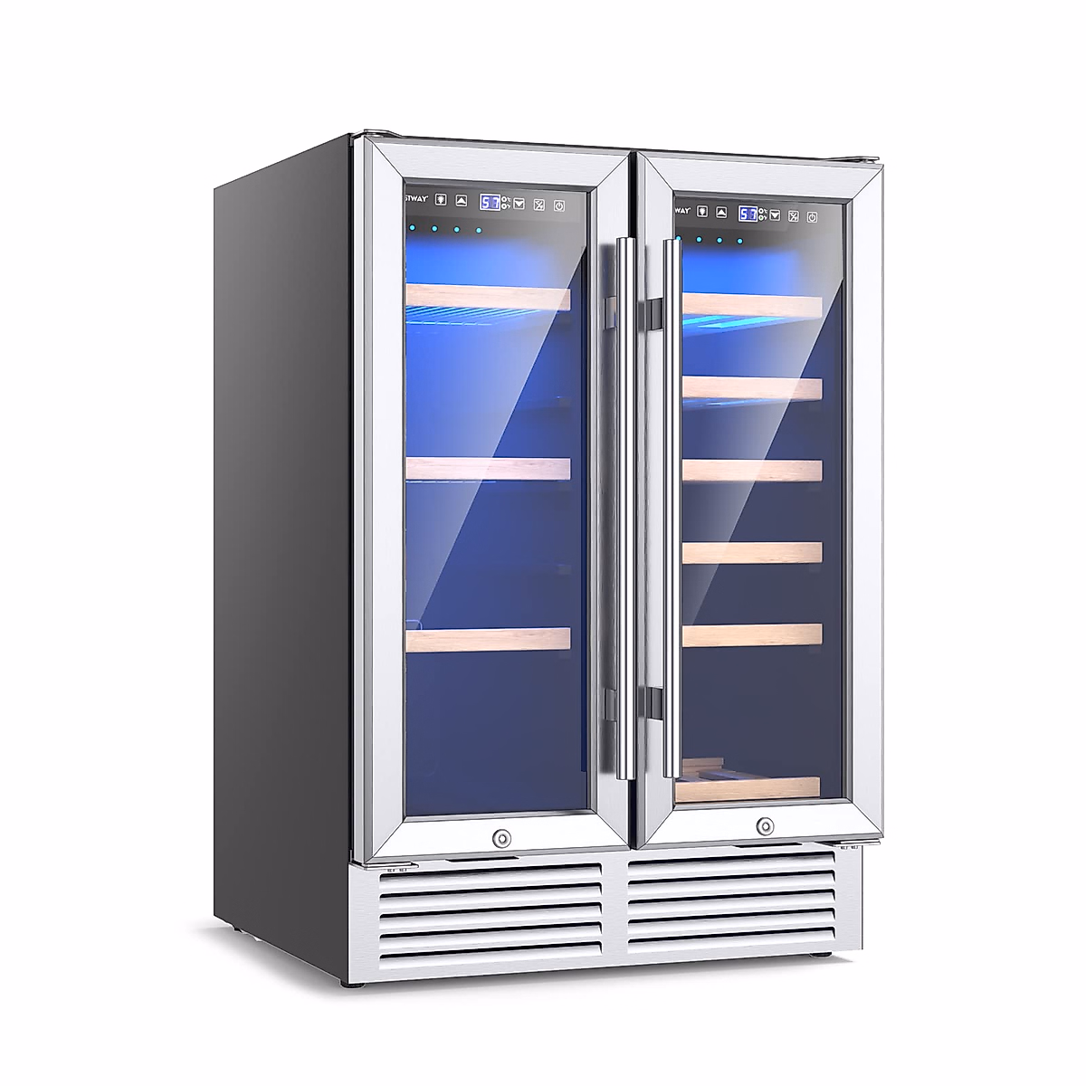 CHEFJOY Beverage and Wine Cooler Refrigerator, Dual Zone 2-in-1 Wine Fridge Cellar w/Independent Temperature Control, LED Lights, 18 Bottles & 57 Cans, Quiet Operation, Freestanding or Built-in