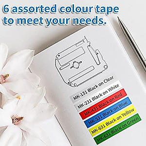 Replace for Brother M Tape P Touch 12mm 0.47 1/2, M-K231 M-K131 MK431 MK531 MK631 MK731 Compatible with Brother PT-M95 PT-65 PT-90 PT-80 PT-70bm PT-45 Label Maker Refill, 6 Color M Series Label Tape