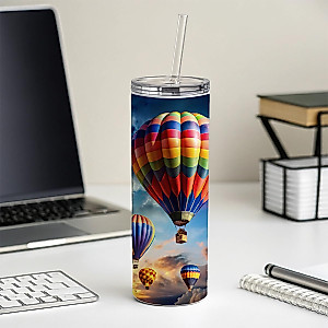 Hot Air Balloons Against a Cloud Covered Deep Blue Sky Skinny Tumbler 20oz with Straw Insulated Water Bottle Gift