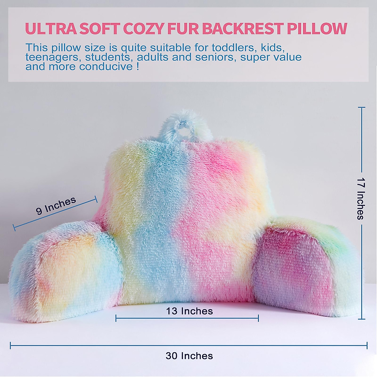Bedriping Reading Pillow for Bed - Faux Fur Backrest Pillow with Arms, Reading & Bed Rest Pillows Rainbow Colors, Fluffy Sit Up Pillow, Study Pillow for Kid, Tween, Teens & Adult Girls