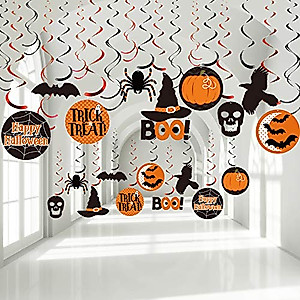 Blulu Halloween Party Hanging Swirl Decorations, Witch Bat Pumpkin and Ghost Spider Foil Swirl Ceiling Hanging Decoration for Halloween Theme Party Outdoor Indoor Decorations Supplies, 30 Pieces