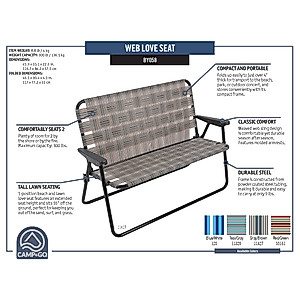 CAMP & GO High Seat Outdoor Double Wide Loveseat Web Folding Chair, Grey, 45.94" W x 22.63" D x 33.14" H