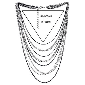 COOLSTEELANDBEYOND Black Silver Waterfall Multi-Strand Long Layered Chains Statement Collar Necklace with Rhinestones