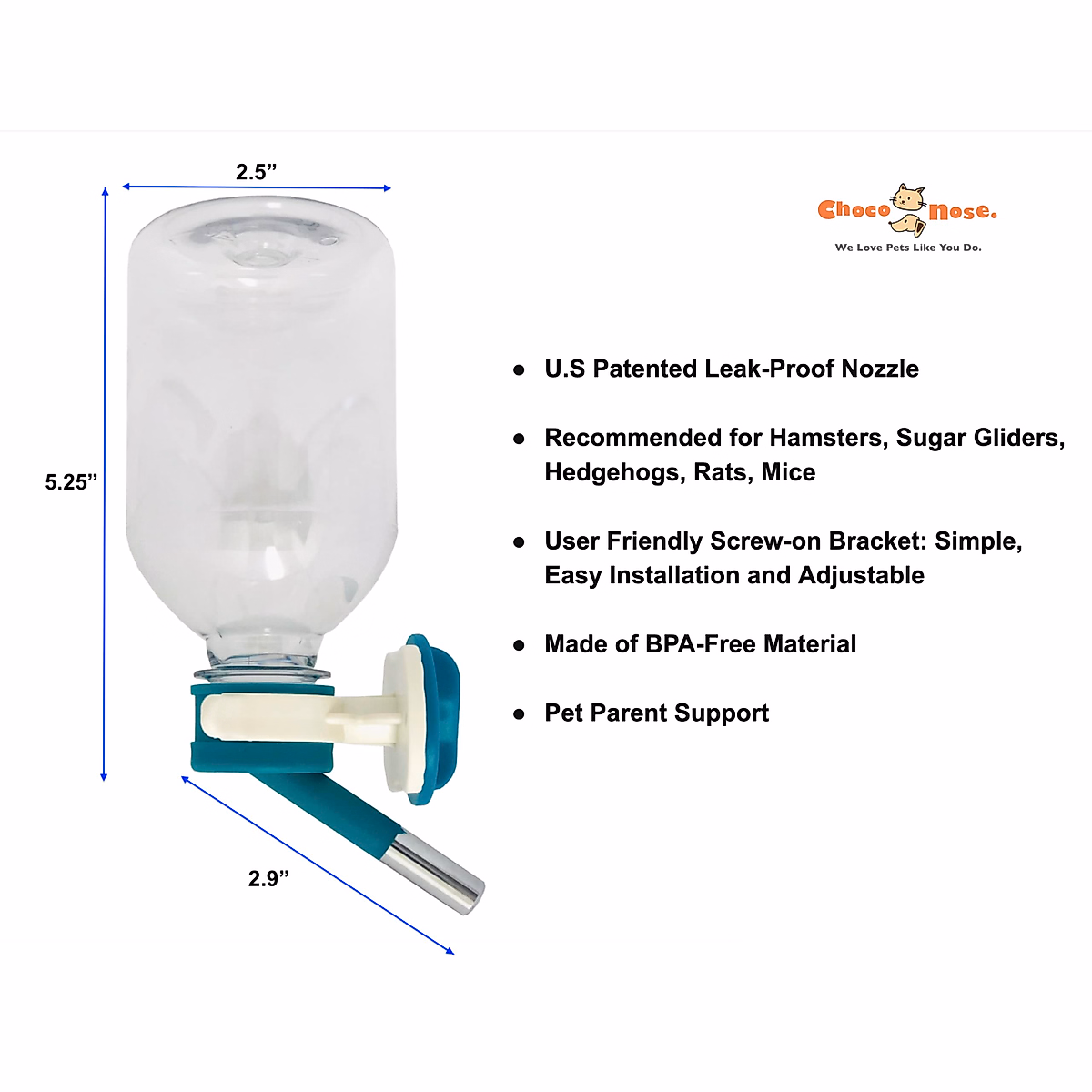 Choco Nose Patented Mini No-Drip Water Bottle/Feeder for Hamsters/Hedgehogs/Gliders/Rats/Mice/Other Small Pets and Animals - for Cages, Crates or Wall Mount. 10.2oz. Nozzle 10mm, Green (C125)