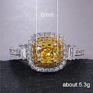 LRGKMCWTOB 925 Sterling Silver Full Diamond Ring Shiny Citrine Ring Square Cut 6CT Canary Yellow Halo Square Cushion Cut CZ Cubic Zirconia Statement Eternity Engagement Wedding Band Ring (Size 7)