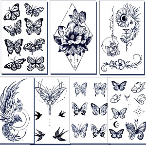 Tazimi Semi Permanent Temporary Tattoos for Women Girls - Large Long Lasting Temporary Butterfly Flower Lion Swallow Tattoos,Lasts 1-2 Weeks Waterproof Realistic Fake Tattoos