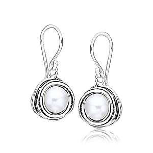 925 Sterling Silver Stud Earrings With A Fresh Water White Pearl, Wire Wrapped Bezel, Antique finish, Hypoallergenic, Nickel & Lead-free, Gift for Her, French Wire Earring Back, Pearl