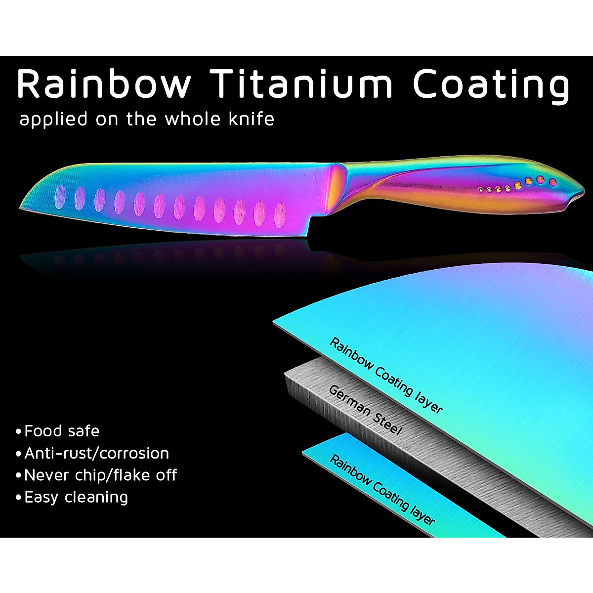 WELLSTAR Santoku Knife 5 Inch, Super Sharp German Steel Kitchen Cooking Knife with Comfortable Handle and Rainbow Coating for Slicing Dicing and Mincing of Meat Vegetables and Fruits for Small Hand