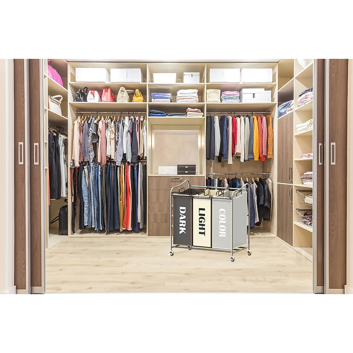 SimpleHouseware Heavy Duty 3-Bag Laundry Sorter Rolling Cart, Silver / Assorted Bags