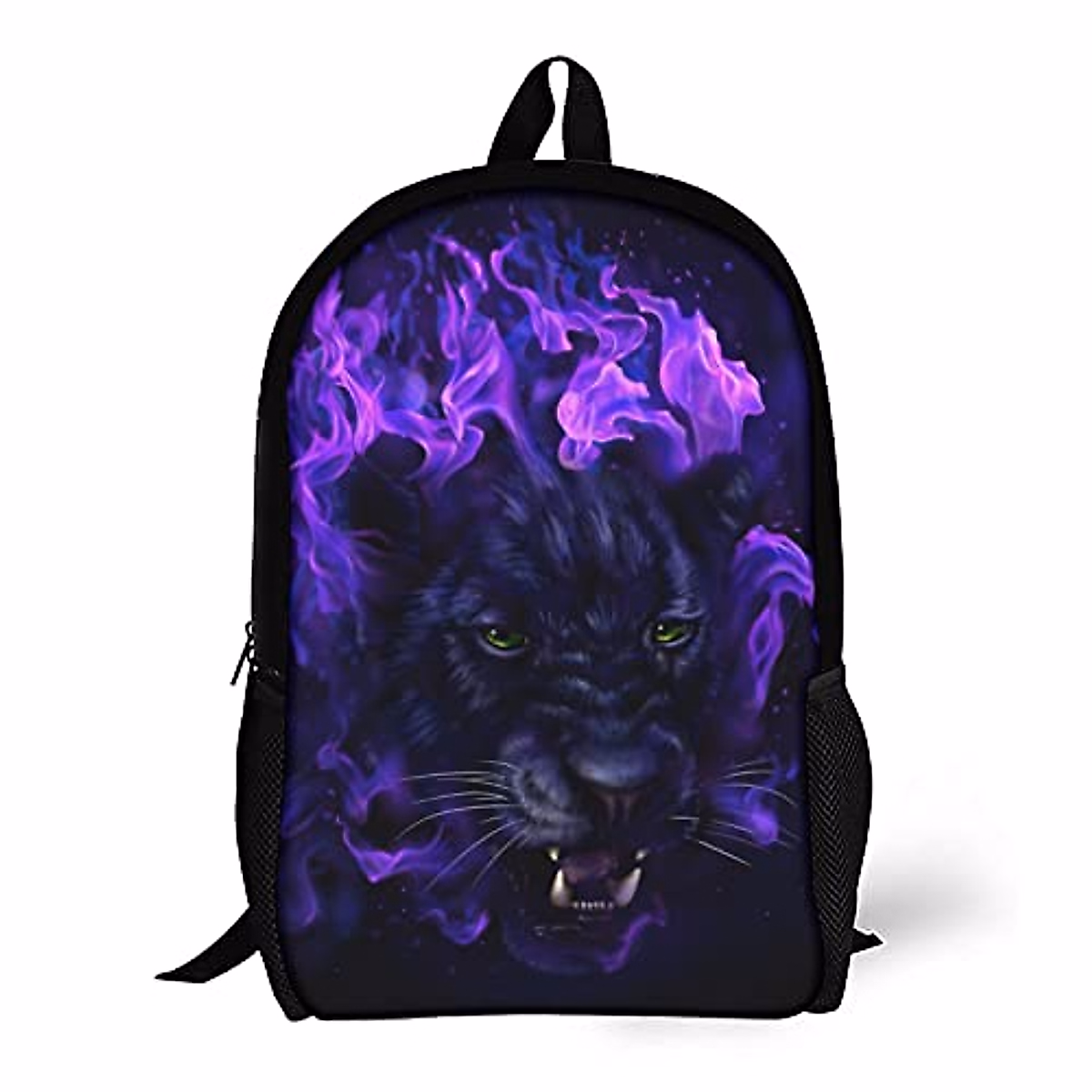 Kamoxi Backpack Cool Cheetah Schoolbag Funny Panther Head in Purple Flames Leopard Animal Black Travel Daypack Lightweight Rucksack Water Resistant Book Bags for Teens Boys Men, Large 17"