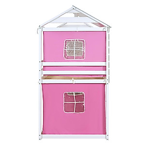 Merax Twin Over Twin Bunk Bed with Tent, Wood Twin Size House Bed Frame, Pink+White
