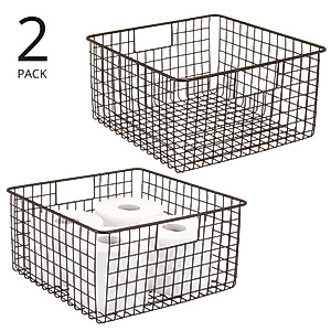 mDesign Metal Wire Bathroom Storage Basket Organizer with Handles - Organize Master/Guest Bathrooms, Linen, Hallway, or Entryway Closets, Bedroom, Laundry Room, Concerto Collection - 2 Pack - Bronze