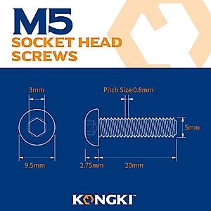 M5 x 20mm Button Head Socket Cap Screws, 10.9 Grade Alloy Steel, Allen Socket Drive, Black Oxide Finish, Machine Thread, Quantity 50