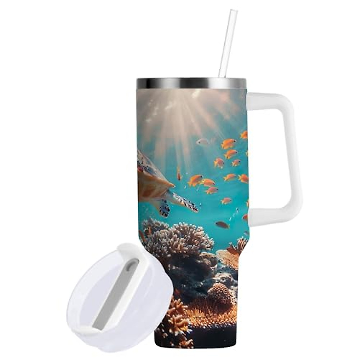 RPLIFE Colorful Coral Sea Turtle Tumbler, Stainless Steel Mug, Water Tumbler with Straw