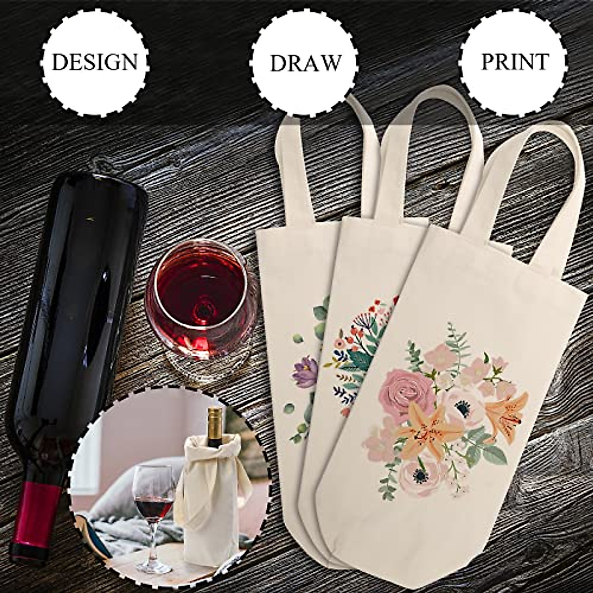 Lawei 12 Pack Canvas Wine Bags, Single Wine Carrying Bag with Handle, Reusable Bulk Wine Gift Bags, Washable Wine Carrier Tote Storage Pouches for Christmas, Party, Wedding, Birthday