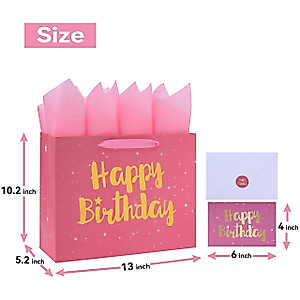 13" Large Pink Gift Bag Set with Greeting Card and Tissue Papers (Stars and Gold Foil ‘Happy Birthday’) for Women's Party, Girls' or Kids' Birthday Parties, Baby Girl, Baby Shower - 13”x5.2”x10.2”, 1 Pcs.
