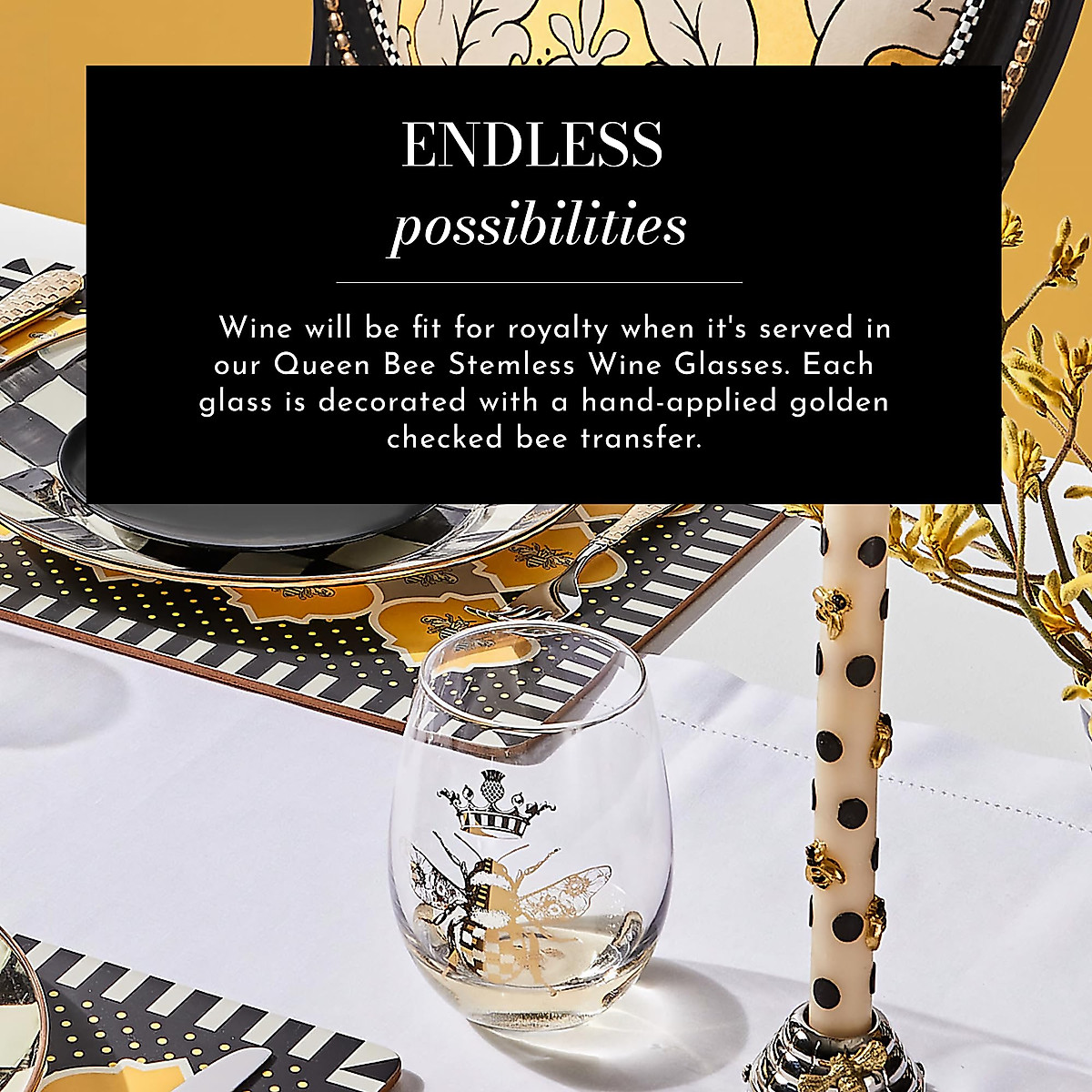 MACKENZIE-CHILDS Queen Bee Stemless Wine Glasses, Bee Drinking Glasses, Decorative Wine Glasses, Set of 4