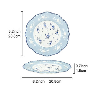 fanquare 8 Inch Porcelain Dessert Plates Set of 4, Lace Serving Bowls Set for Salad, Soup, Pasta, Snack, Blue Roses