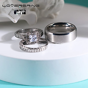 LOVERSRING Couple Ring Bridal Set His Hers Women 10k White Gold Filled AAA Cz Men Stainless Steel Wedding Ring Band Set