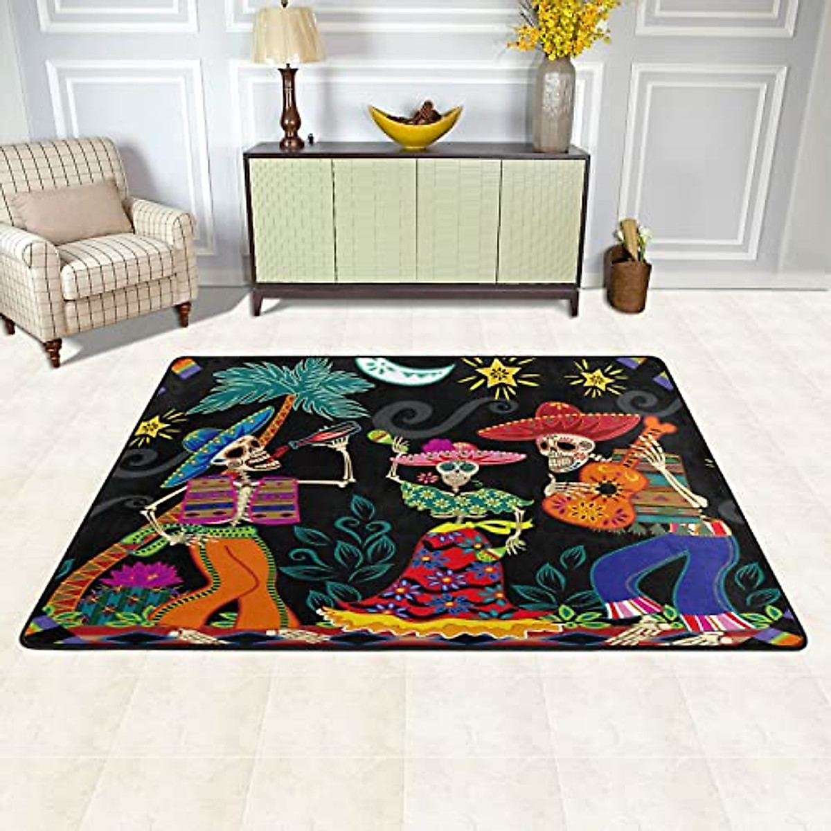 VIGTRO Halloween Skull Music Band Area Rug 36×24in Day of The Dead Non-Slip Floor Carpet Comfort Floor Mats Decor for Indoor Living Dining Room and Bedroom Area