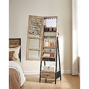 SONGMICS LED Mirror Jewelry Cabinet Standing, Lockable Jewelry Armoire with Full-Length Mirror, Space-Saving Jewelry Organizer with Mirror, Drawer and Shelf, Toasted Oak Color UJJC025N01