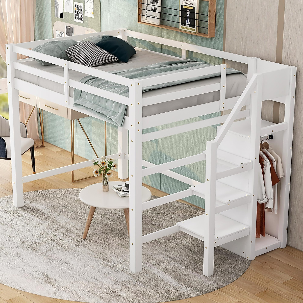 Harper & Bright Designs Full Loft Bed, Loft Bed Full Size with Storage Staircase and Wardrobe for Clothes, Wooden High Loft Bed Frame for Kids Girls Boys Bedroom, White