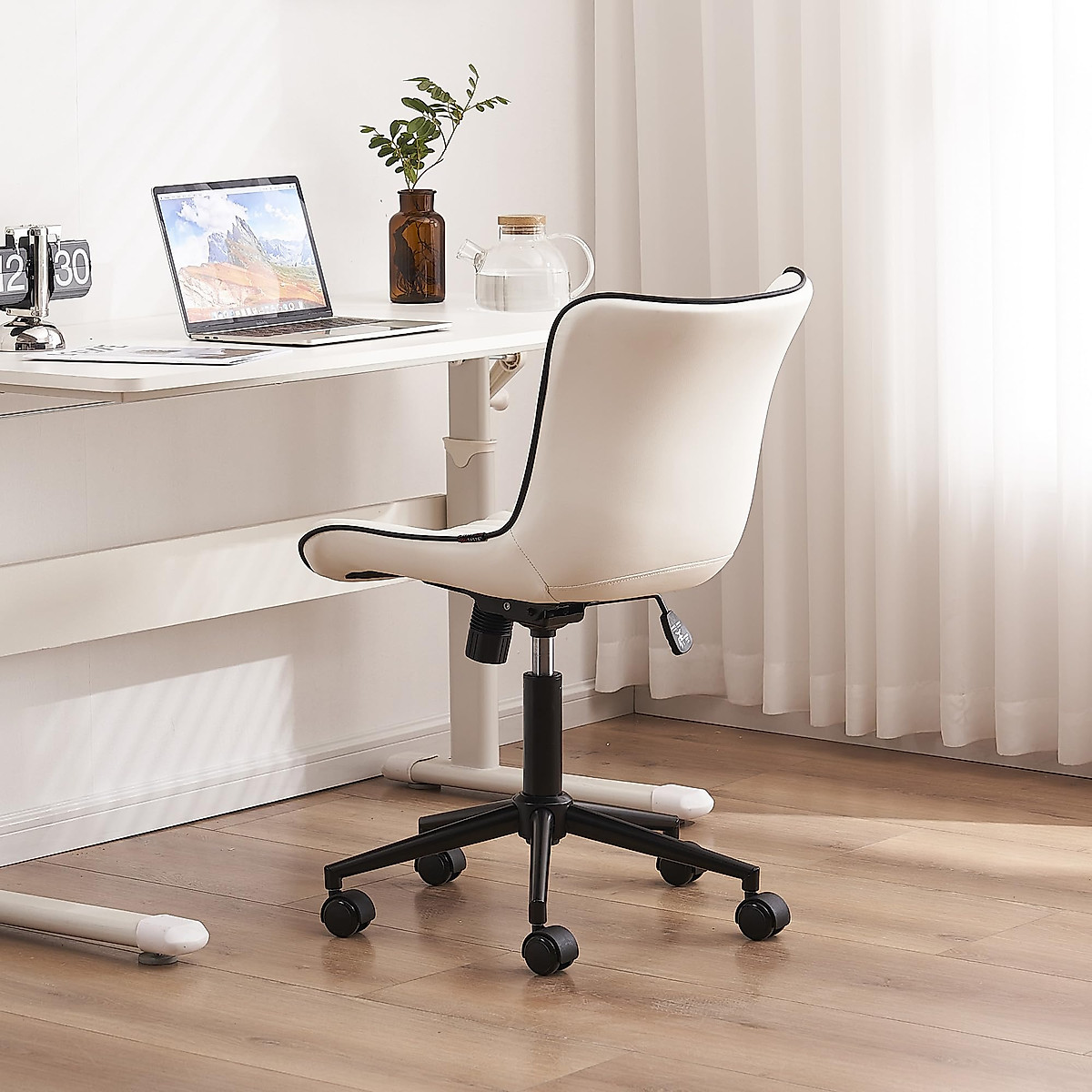 YOUTASTE Office Chair Modern Armless Desk Chair, Height Adjustable Swivel Rocking Computer Task Chair, Faux Leather Sewing Chairs with Wheels, Stylish Lounge Vanity Chair,White