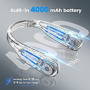 CIYUPE Portable Neck Fan, Hands Free Bladeless Fan, 4000mAh Battery Portable Fan, Leafless, No Hair Twisting, USB Powered Personal Fan, Rechargeable, 3 Speeds (White)