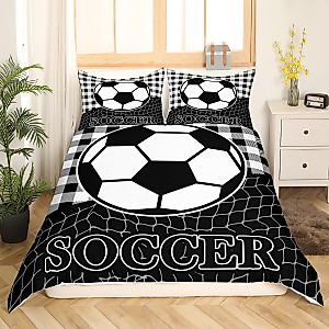 Feelyou Soccer Bedding Set for Girls Boys Kids Twin Size Black White Comforter Cover Set Room Decorative Geometric Pattern Duvet Cover Sports Theme Bedspread Cover 2Pcs Bedclothes