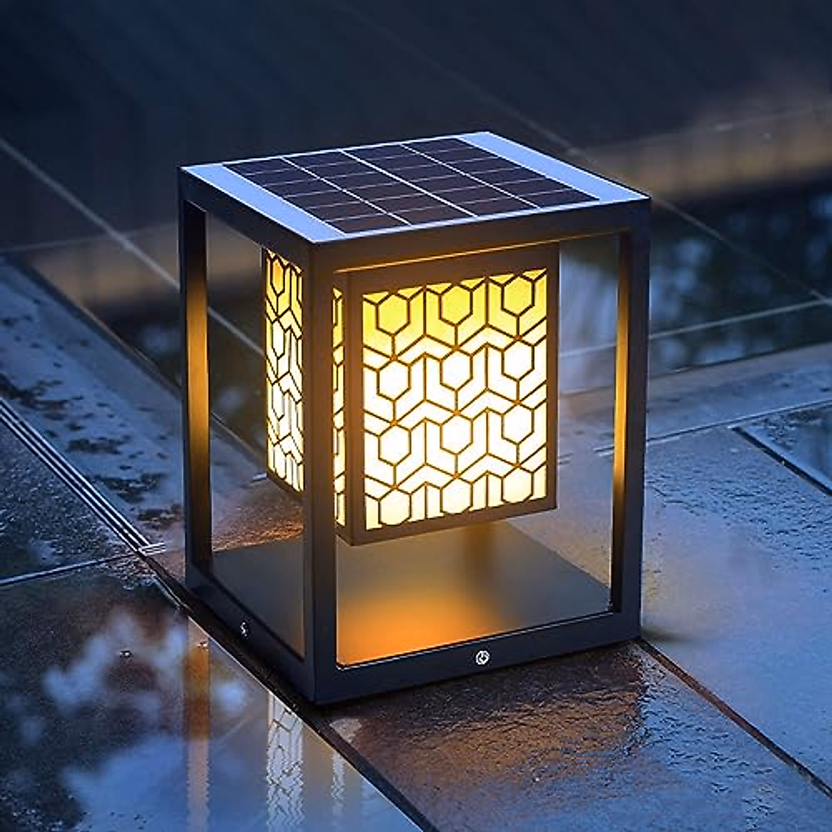 Mrdsre Chinese Style Solar Column Lights Black Finish Square Solar Column Light Post Lantern Stainless Steel Waterproof Outdoor Light Rainproof Waterproof Pillar Lamp Courtyard Lamp Garden Villa Lands
