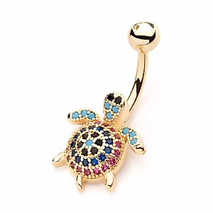 Pierced Owl 14GA Gold Tone 316L Stainless Steel Multicolor Crystal Paved Turtle Belly Button Ring