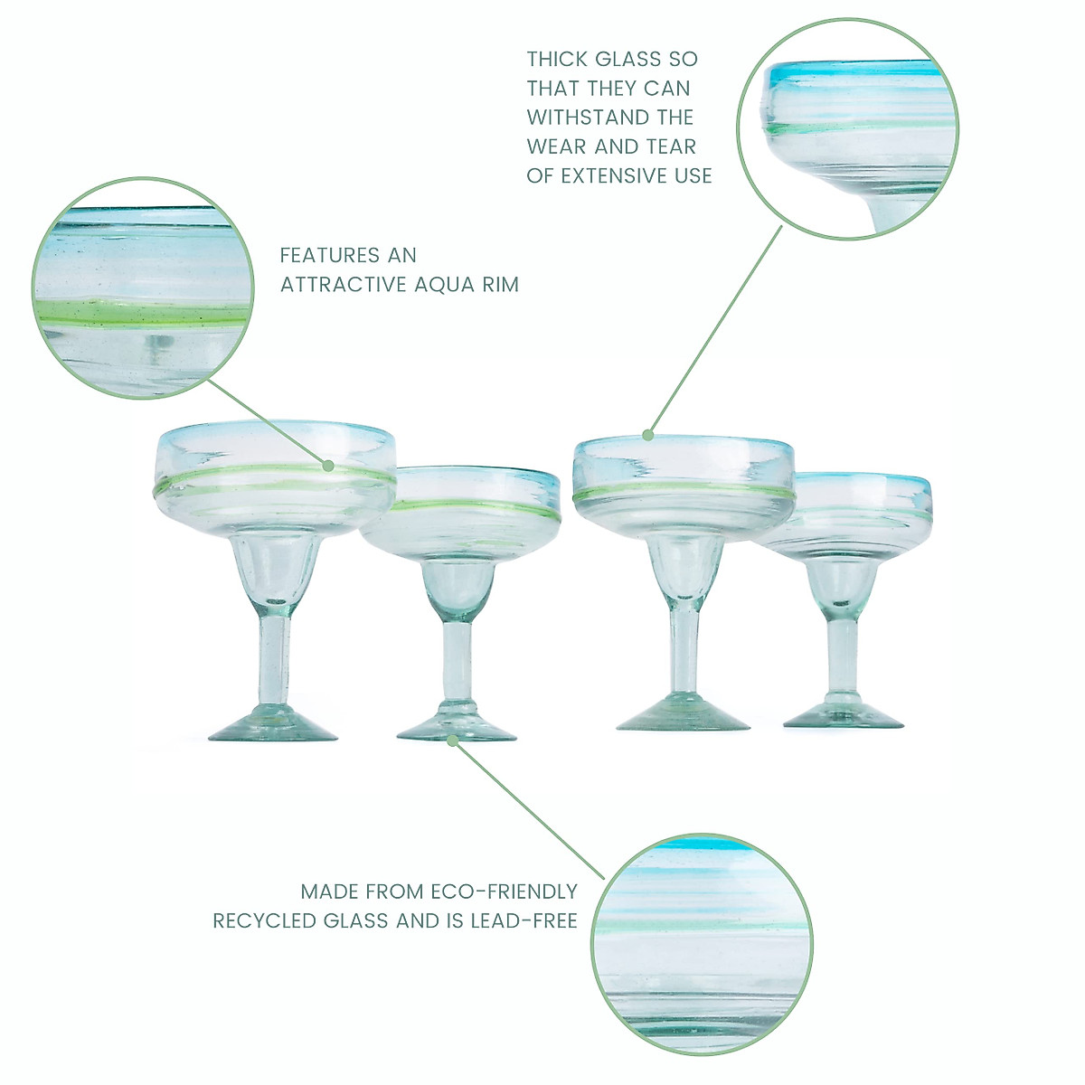 MyCajita Mexican Glassware, Aqua Rims 10oz Margarita Glasses, Set of 4 Unique Hand Blown Glass, Handcrafted by Talented Artisans Thick & Sturdy Easy to hold