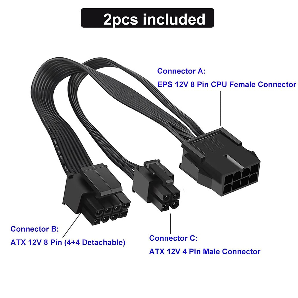 OwlTree 2 Pack EPS12V CPU 8 Pin Female to CPU ATX 8 Pin and ATX 4 Pin Male Power Supply Extension Cable EPS 12V for Motherboard 10.6 inch