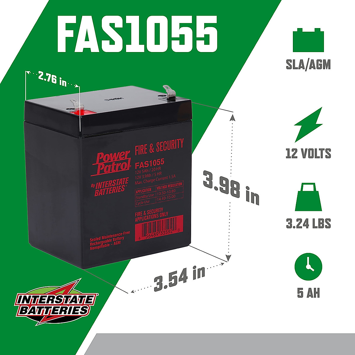 Interstate Batteries 12V 5Ah Fire & Security Battery - F1 Terminal, SLA AGM VRLA Power Patrol, Rechargeable Replacement for Fire Alarms, Locks, Security Systems (FAS1055)