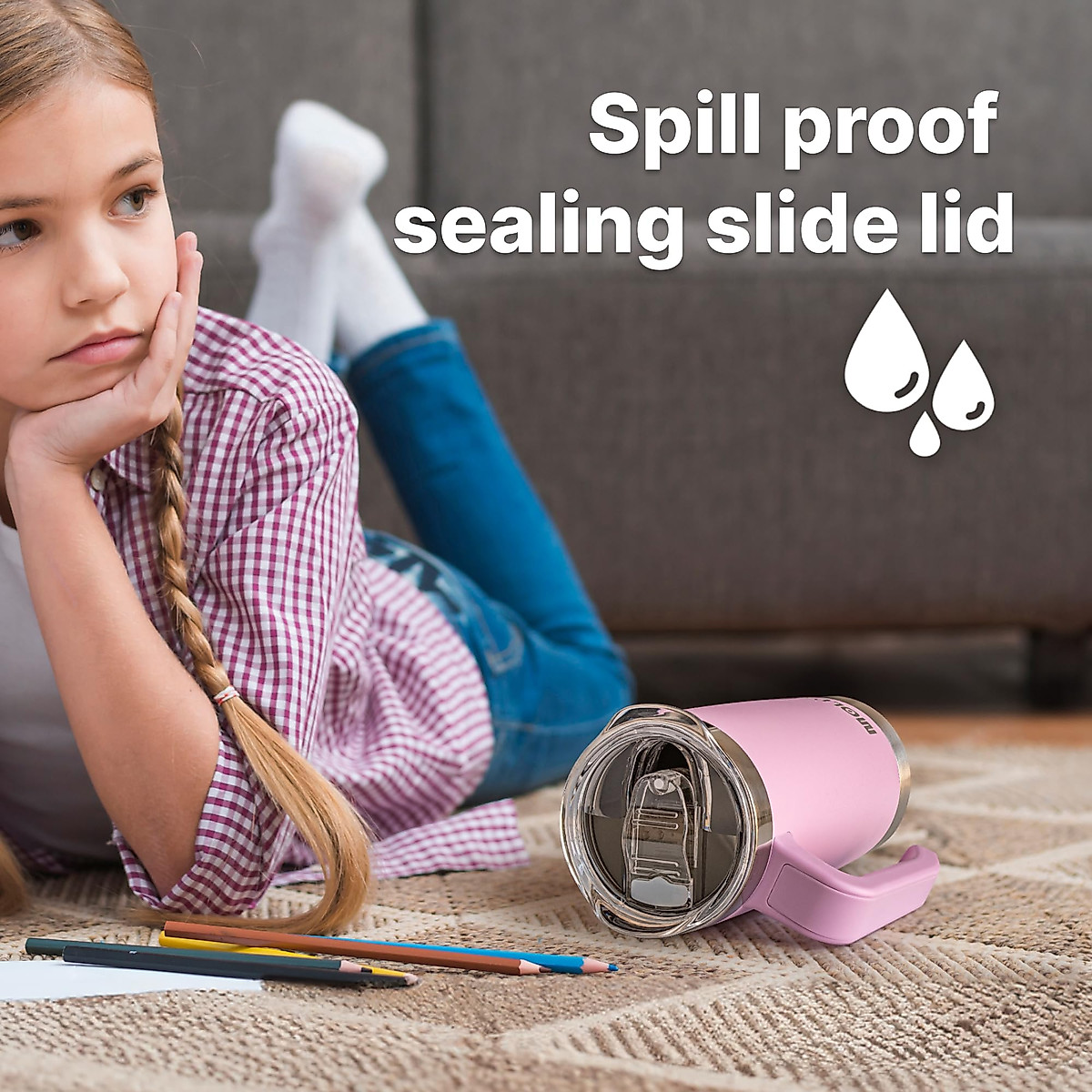 Mollcity Kids Insulated Tumbler with Straw-20 oz Stainless Steel Vacuum Travel Coffee Mug with Lid and Handle for Women and Girls, Reusable Metal Cup Leak Proof & BPA Free(Purple Pink)